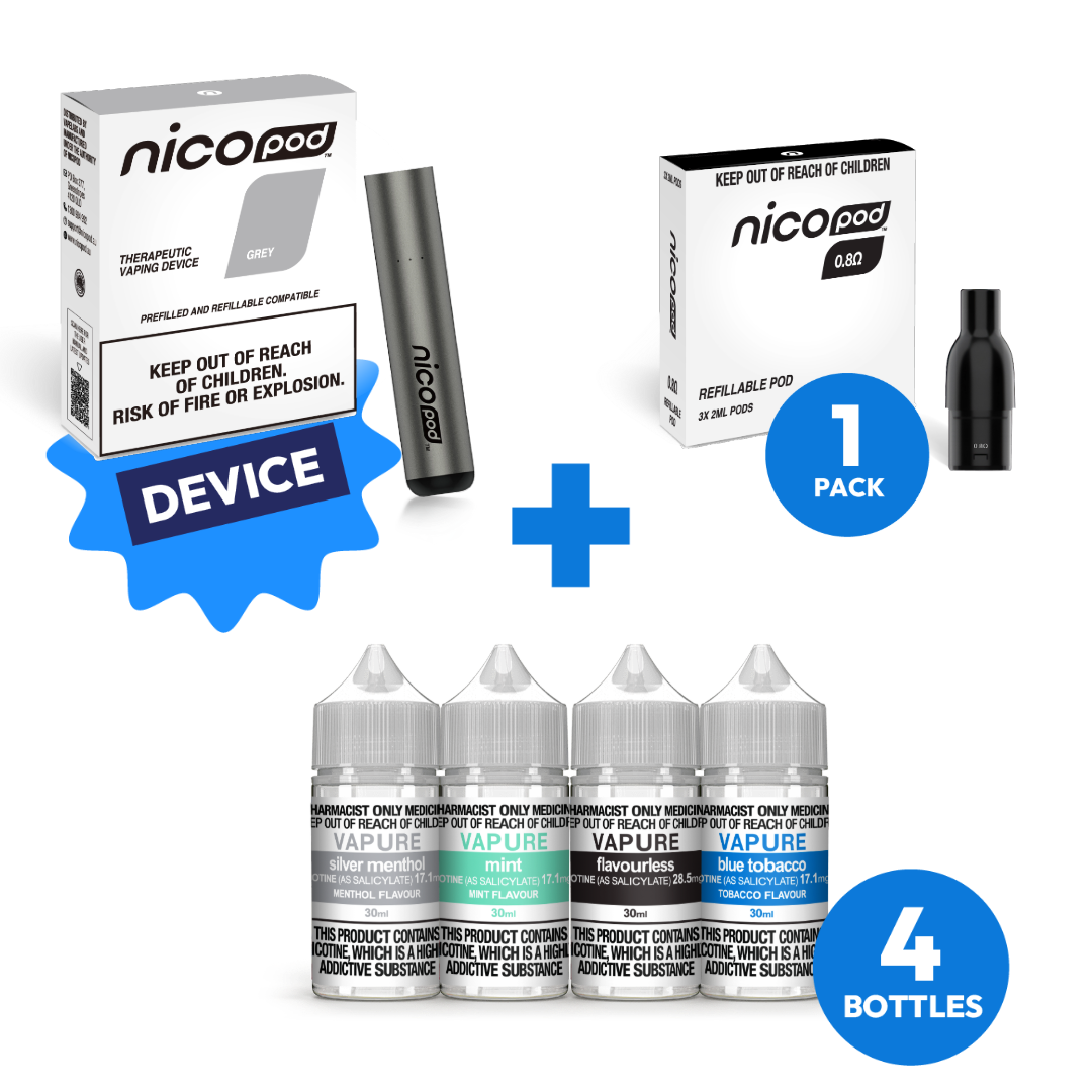 NICOPOD® DEVICE & VAPURE NICOTINE SALTS 4 BOTTLE STARTER PACK