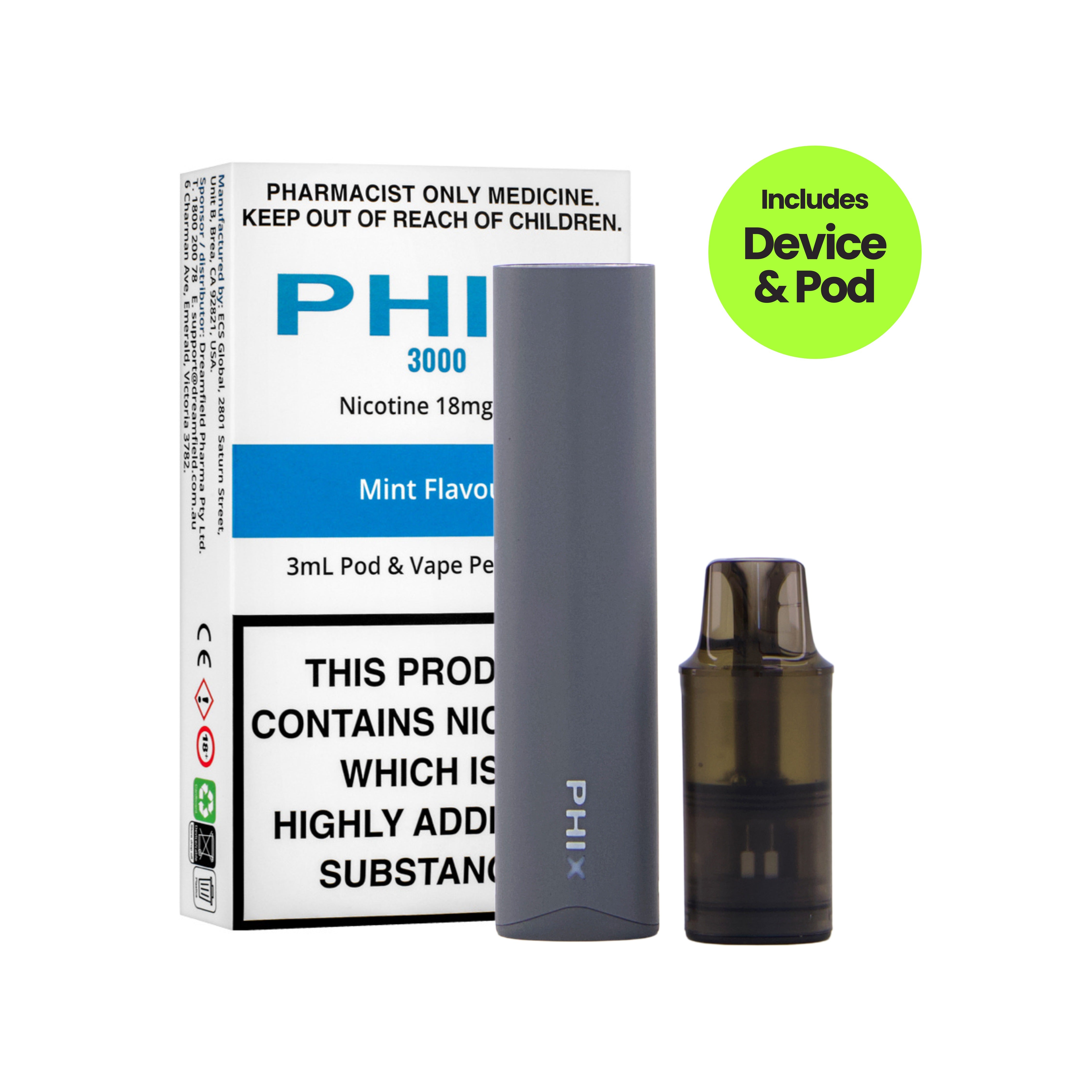 PHIX 3000 STARTER KIT MINT 18MG/ML 3ML - Quit Hero